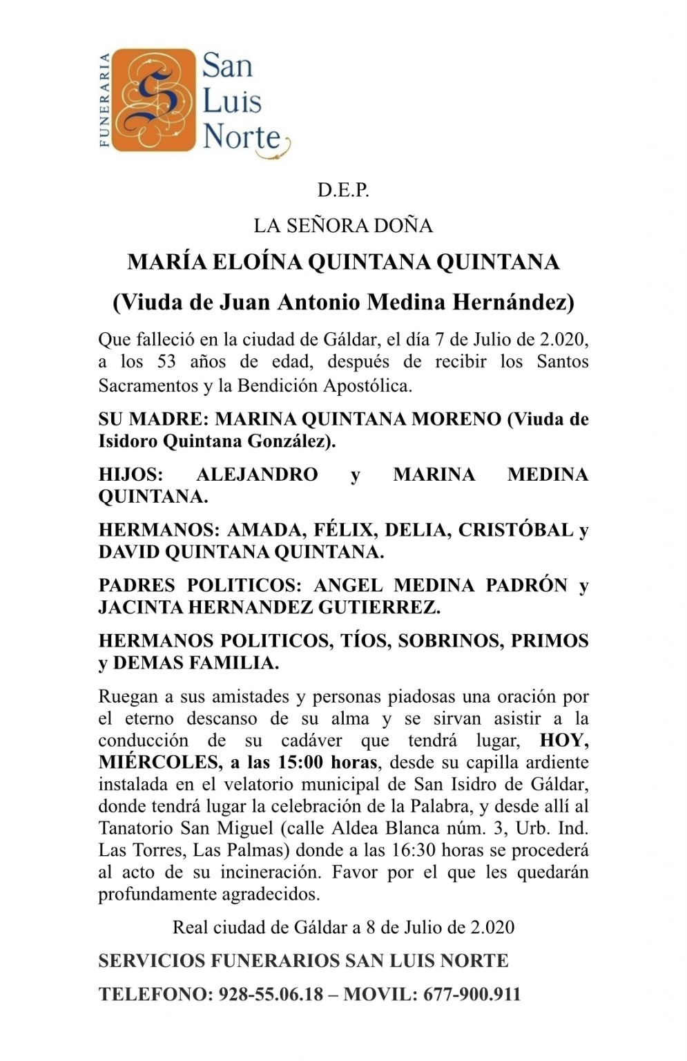 D.E.P. doña María Eloína Quintana Quintana